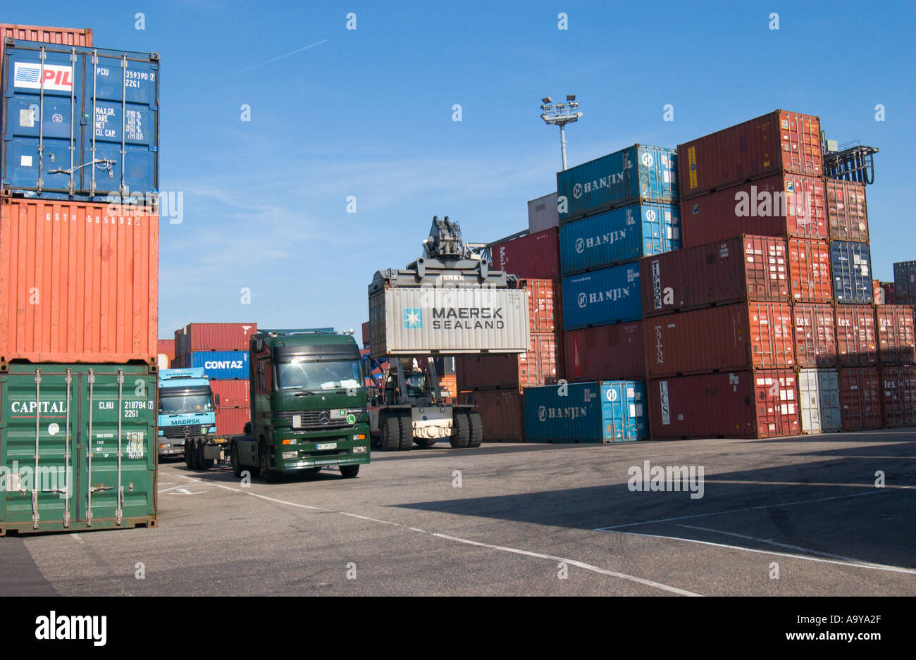 freight container is loaded onto truck in container terminal Stock ...
