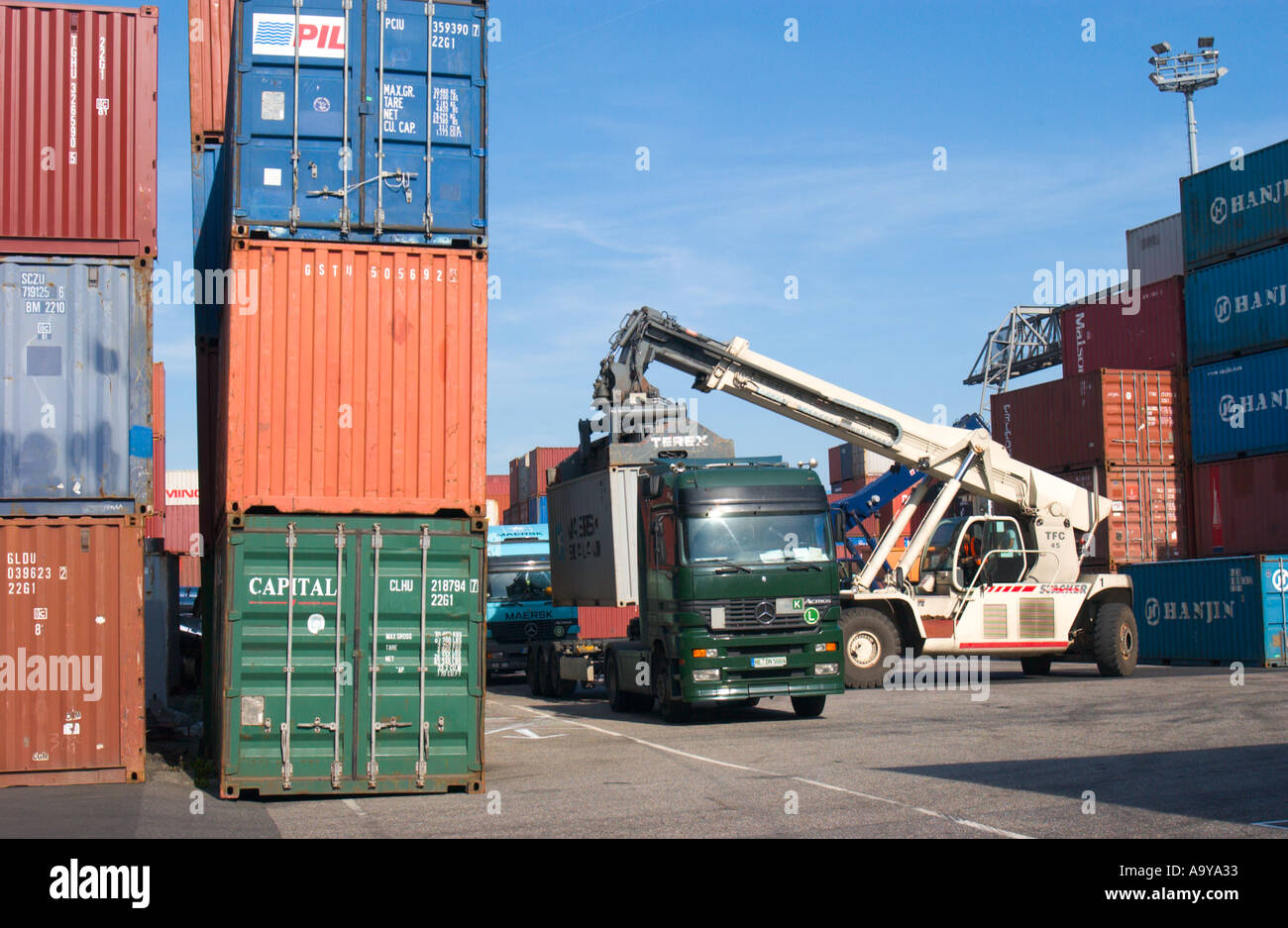 freight container is loaded onto truck in container terminal Stock ...