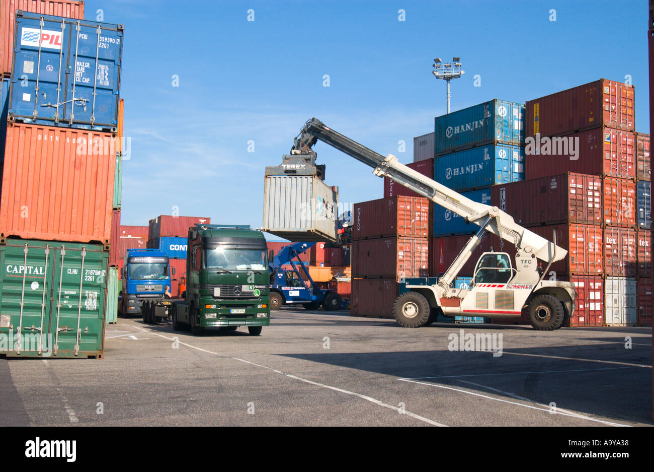freight container is loaded onto truck in container terminal Stock ...