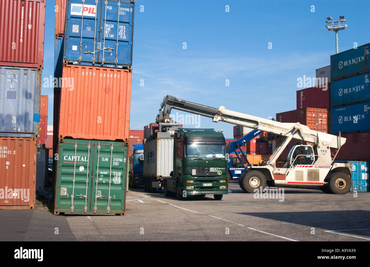 freight container is loaded onto truck in container terminal Stock ...