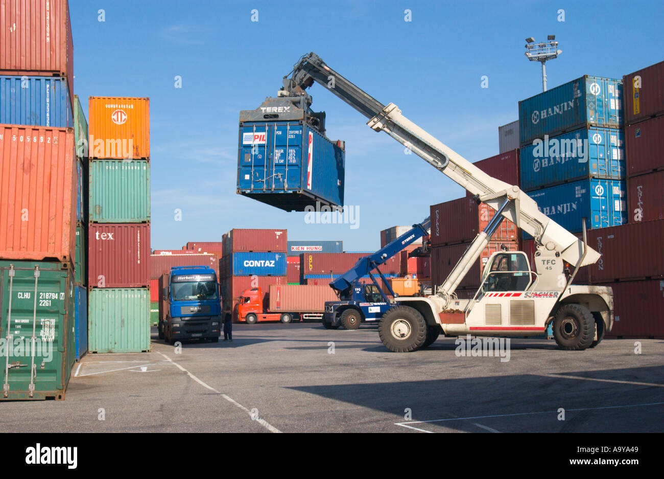 freight container is loaded onto truck in container terminal Stock ...