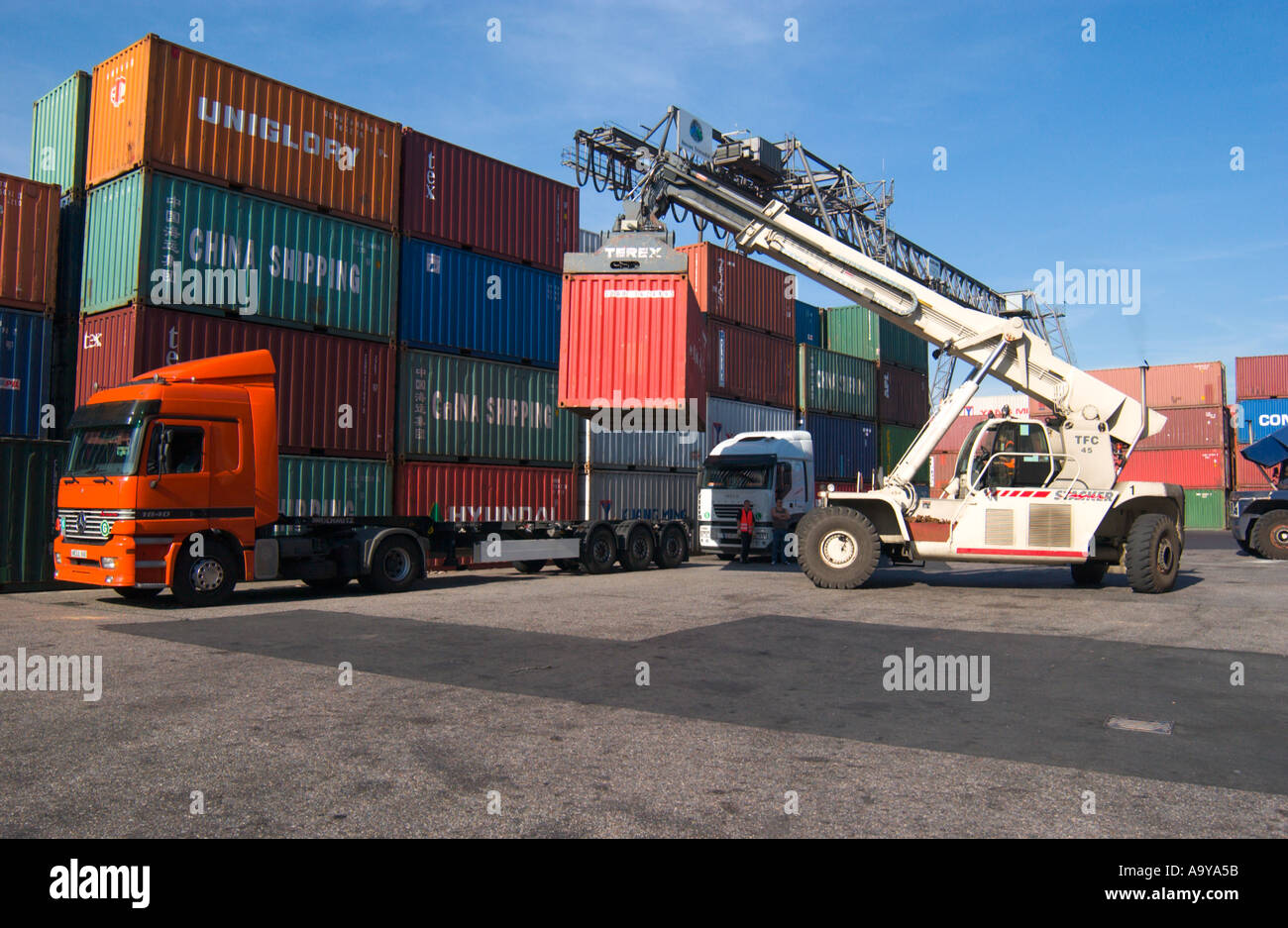 freight container is loaded onto truck in container terminal Stock ...