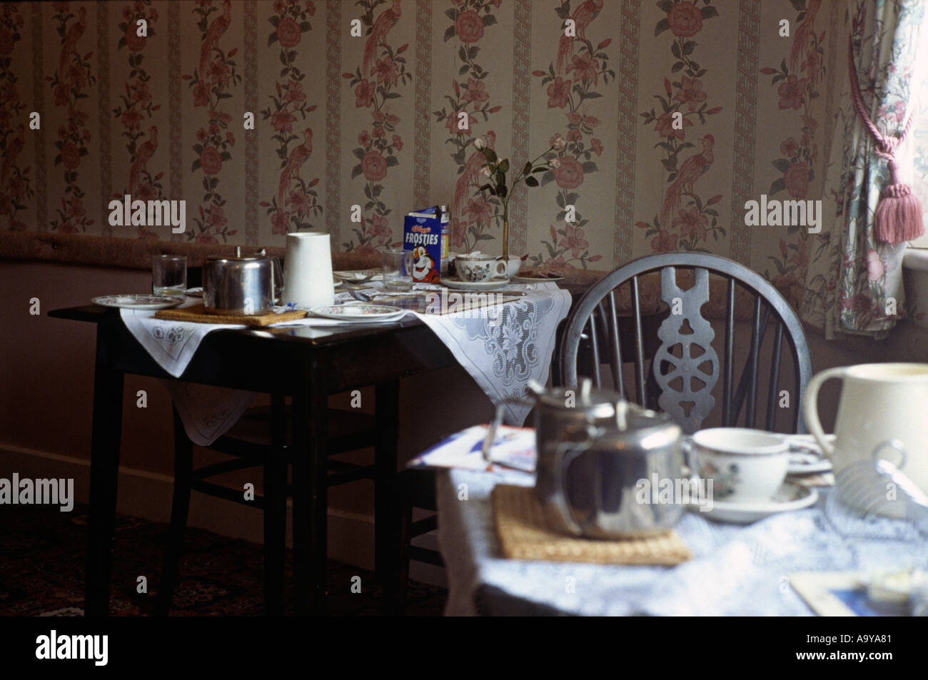 Traditional breakfast table interior settings in English holiday resort ...