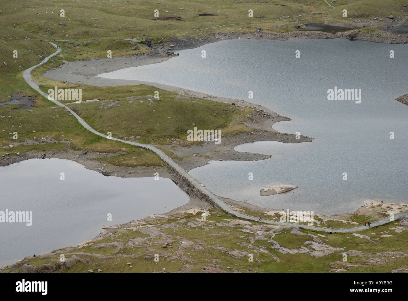 Walkers on Footbridge leading across Lake Stock Photo - Alamy