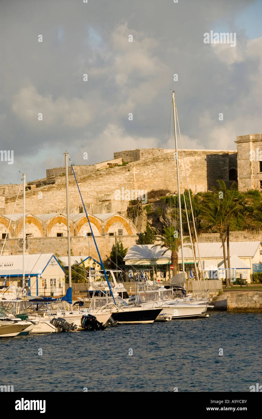 Bermuda Dockyard marina old fort walls power boats Stock Photo - Alamy