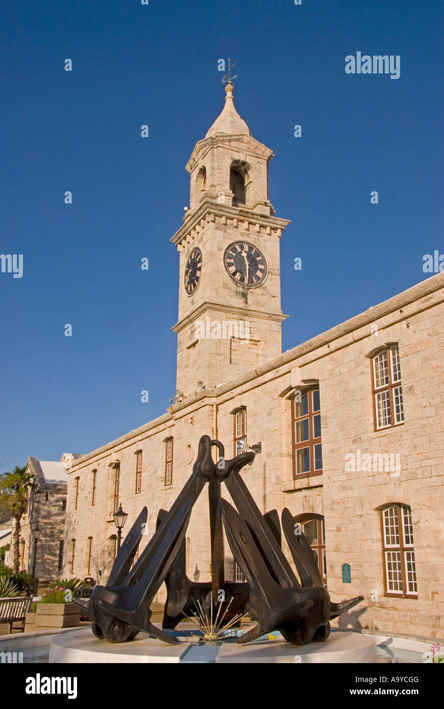 Bermuda Dockyard Clocktower Shopping Mall black anchors fountain Stock ...