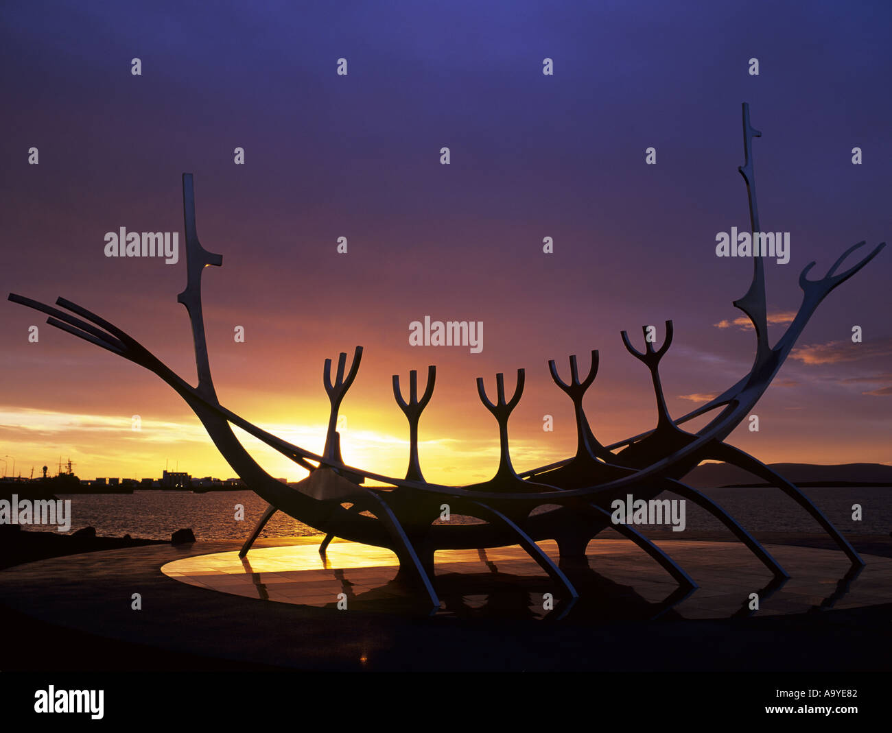 Sun Voyager or Solfar 1971 at sunset. Steel Viking ship sculpture ...