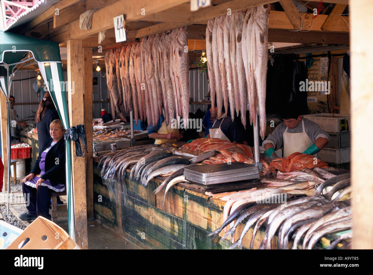 Fish shop at Angelmo Market Puerto Montt Chile Stock Photo - Alamy