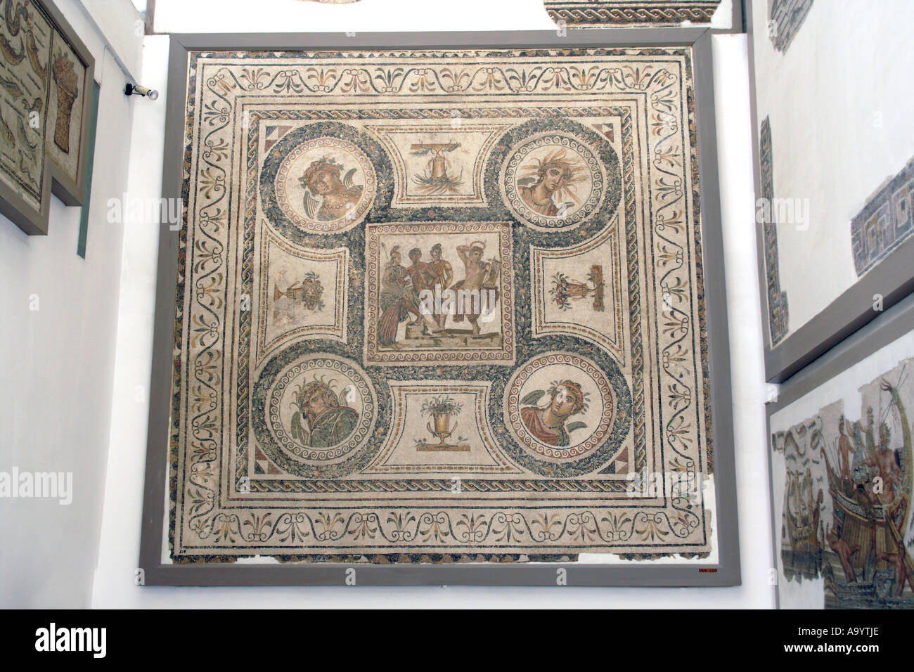 Large wall mounted Roman mosaic in the Bardo Museum Musee Du Bardo or ...