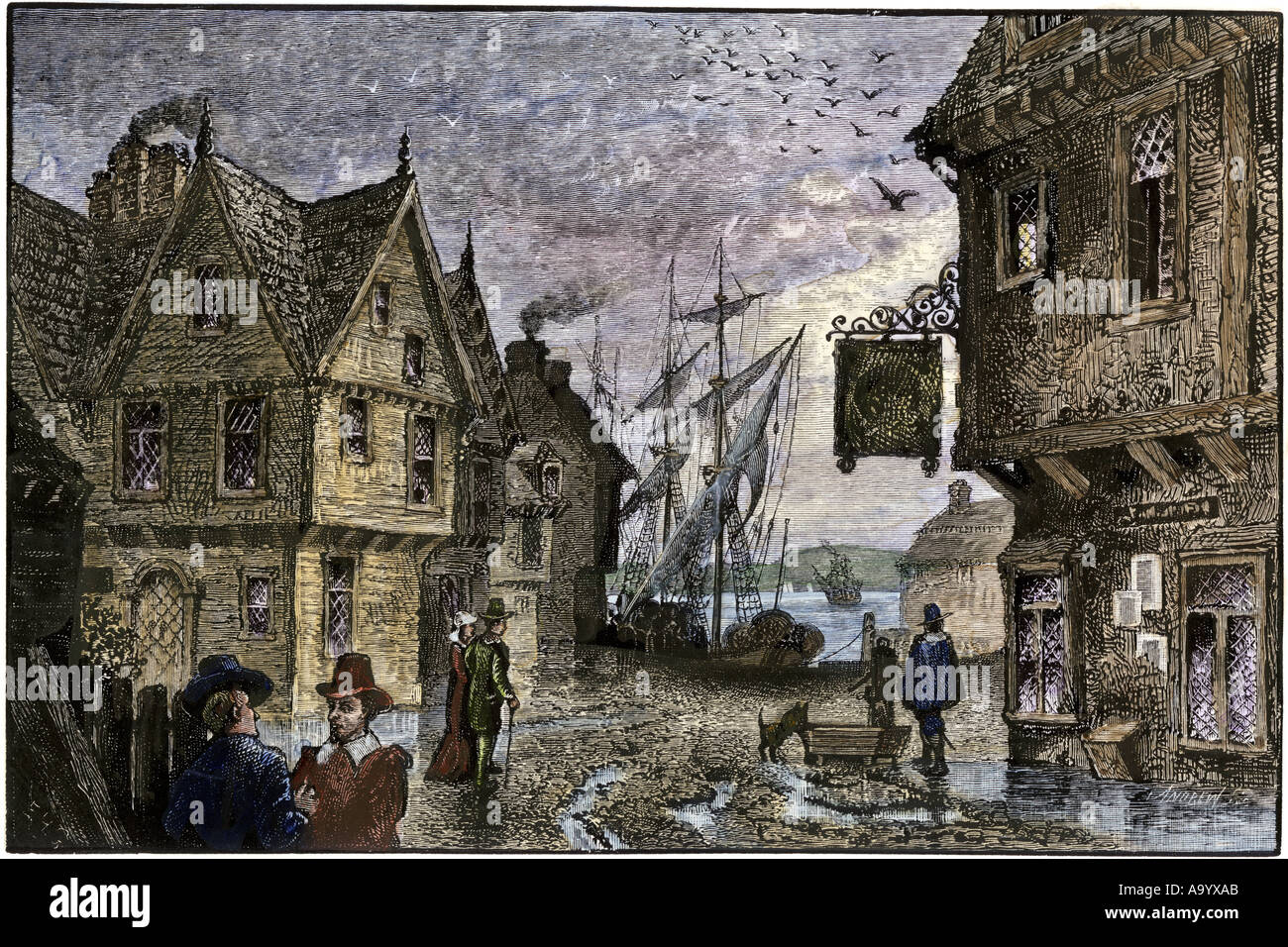 Boston Massachusetts in the 1660s. Hand-colored woodcut Stock Photo - Alamy