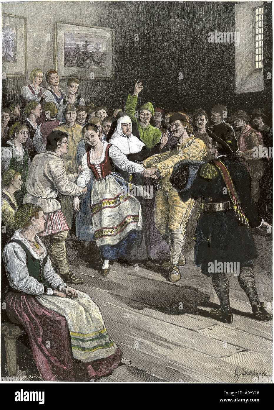 French Canadians enjoying a dance in early Quebec. Hand-colored woodcut ...