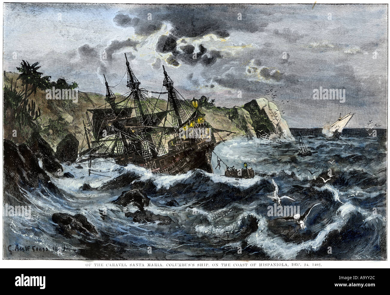 Wreck of Columbus flagship Santa Maria on the coast of Hispaniola 1492 ...