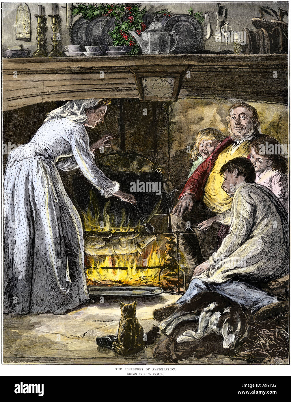 Family watching roast pig and pot of food cooking in fireplace. Hand ...