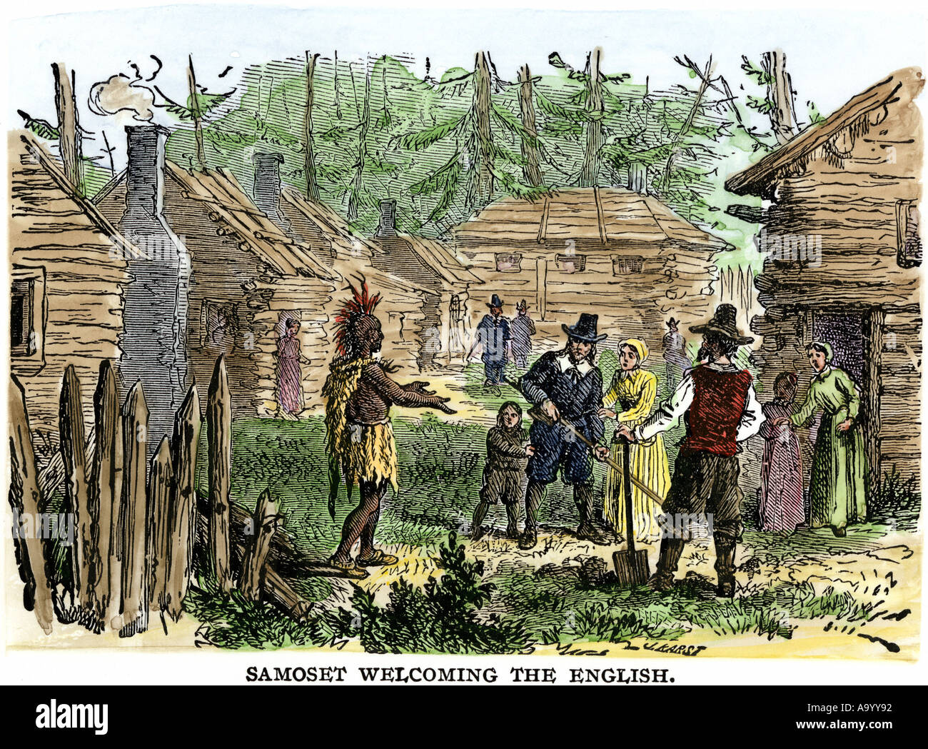 Samoset welcoming the Plymouth colonists Massachusetts 1621 Stock Photo ...
