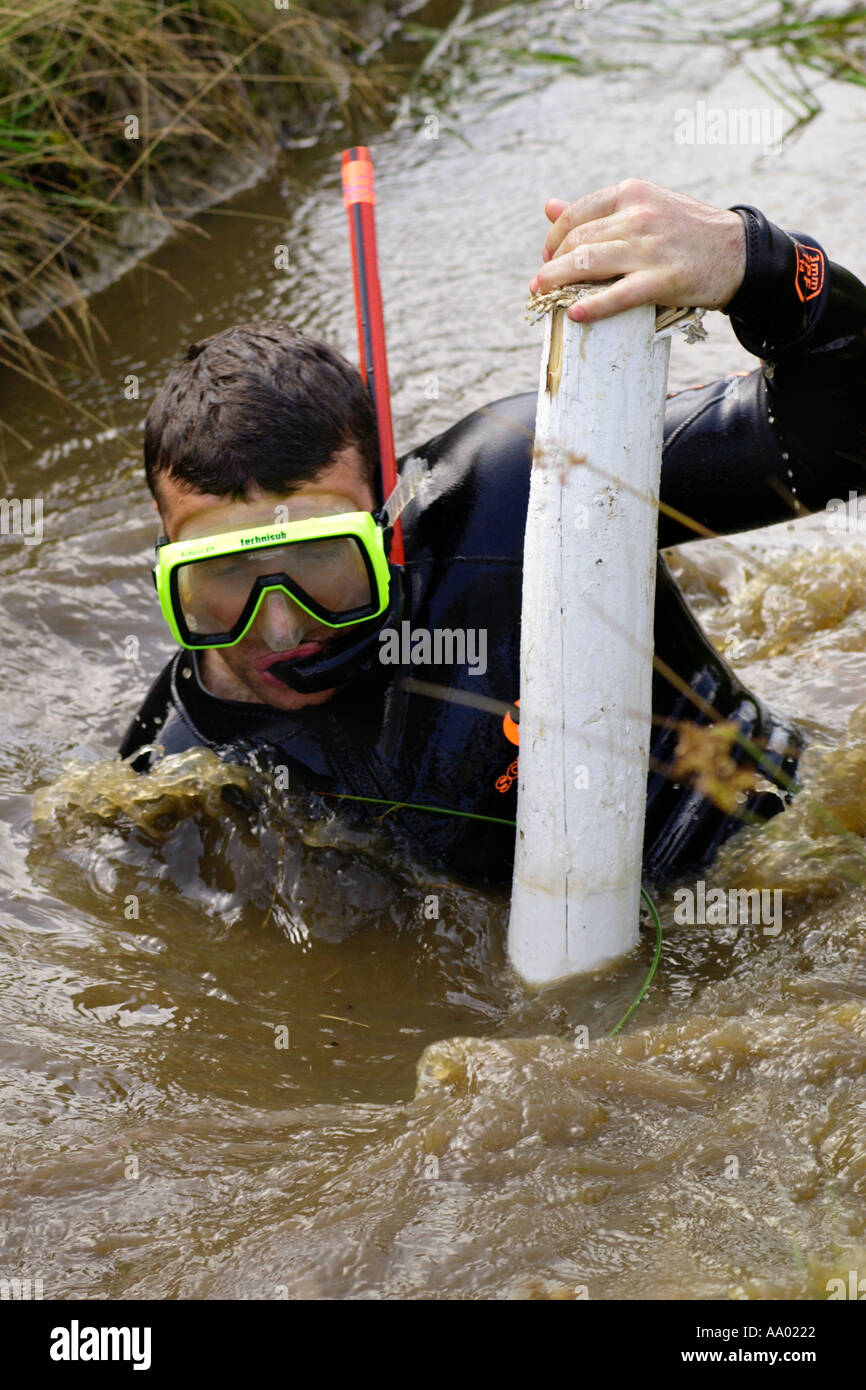 Competitor in the World Bog Snorkelling Championships at Llanwrtyd ...