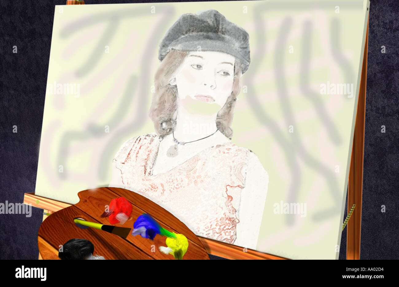 Artist easel displaying a portrait painting of a young woman, set in a ...