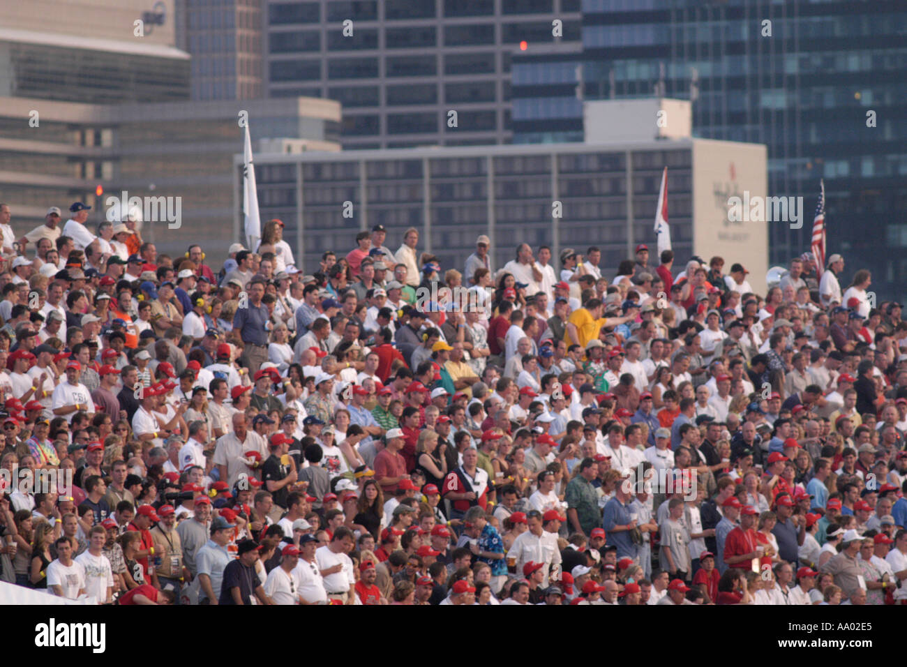 Crowd in grandstands against city scene at the Grand Prix of Cleveland ...