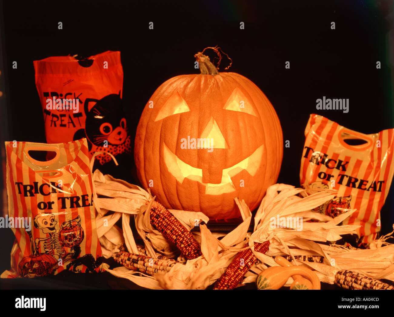 Halloween trick or treat display with smiling Jack O Lantern Stock ...