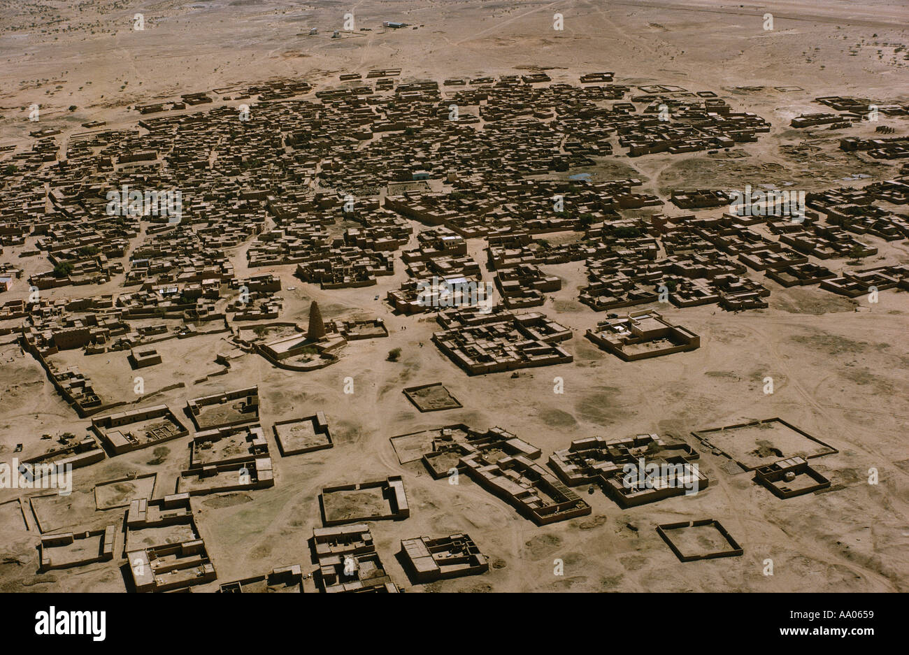Aerial view of Agadez Niger Africa Tower at center left is mosque town ...