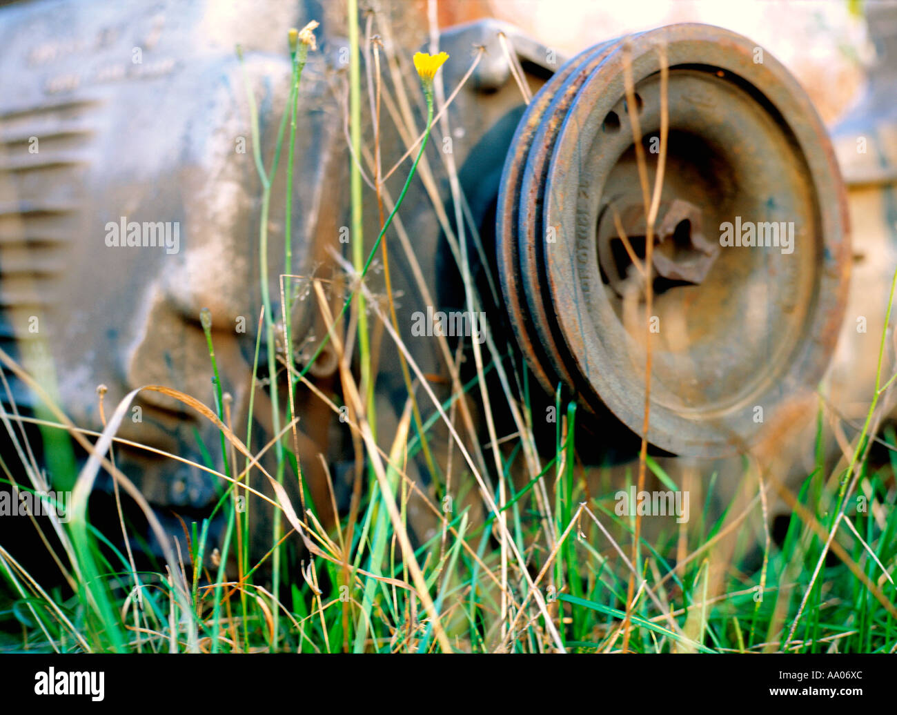 Rusty vehicle engine part in grass, close-up Stock Photo - Alamy