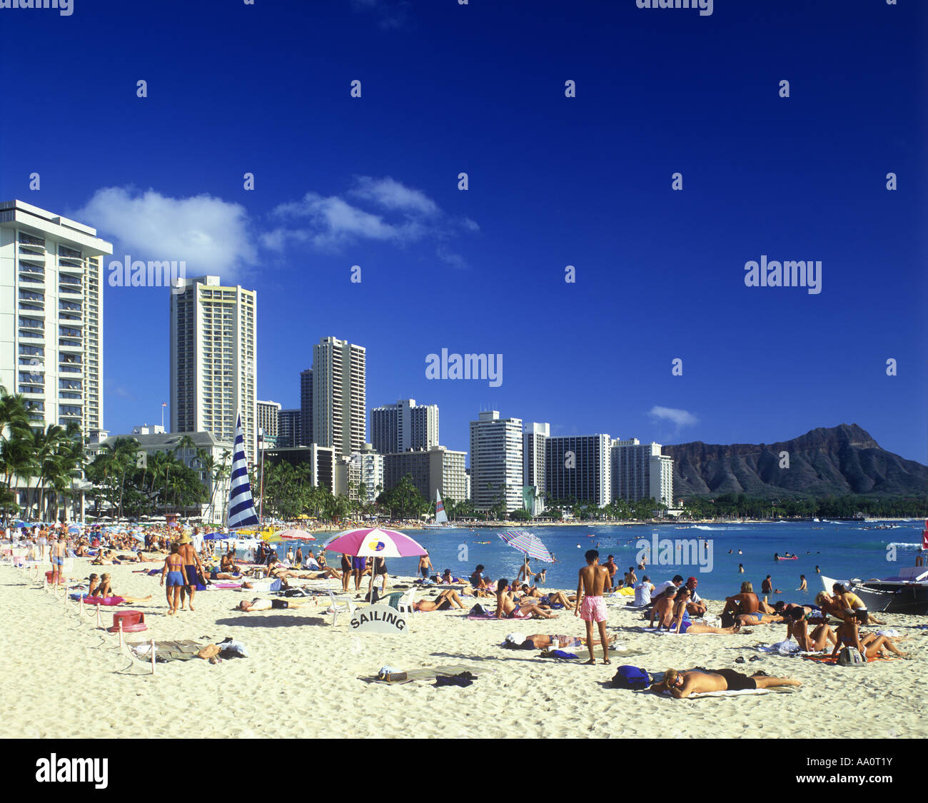 SUNBATHERS HOTELS WAIKIKI BEACH AND DIAMOND HEAD HONOLULU OAHU HAWAII ...