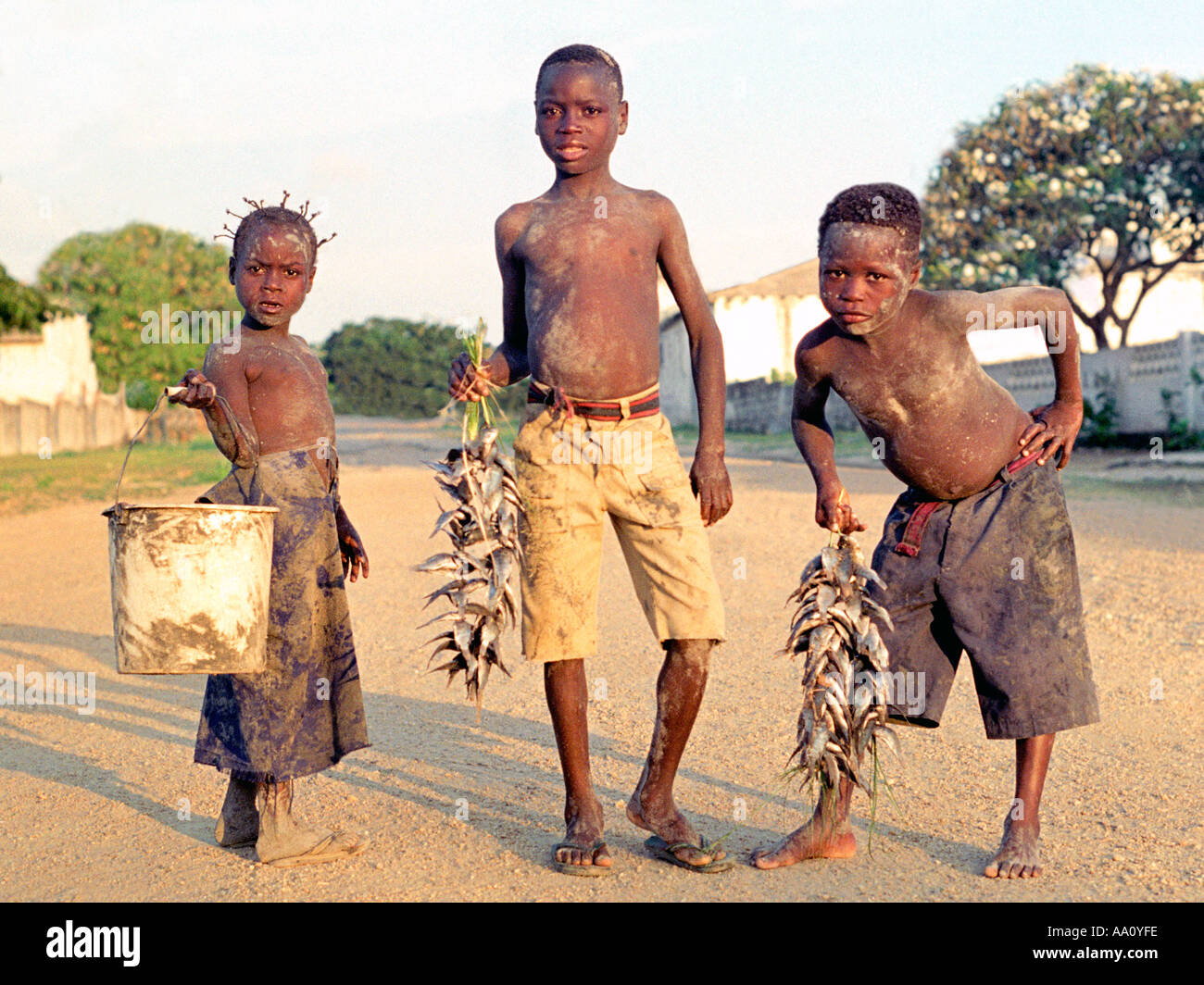 Three Angolan children display their catch of fish in the northern ...
