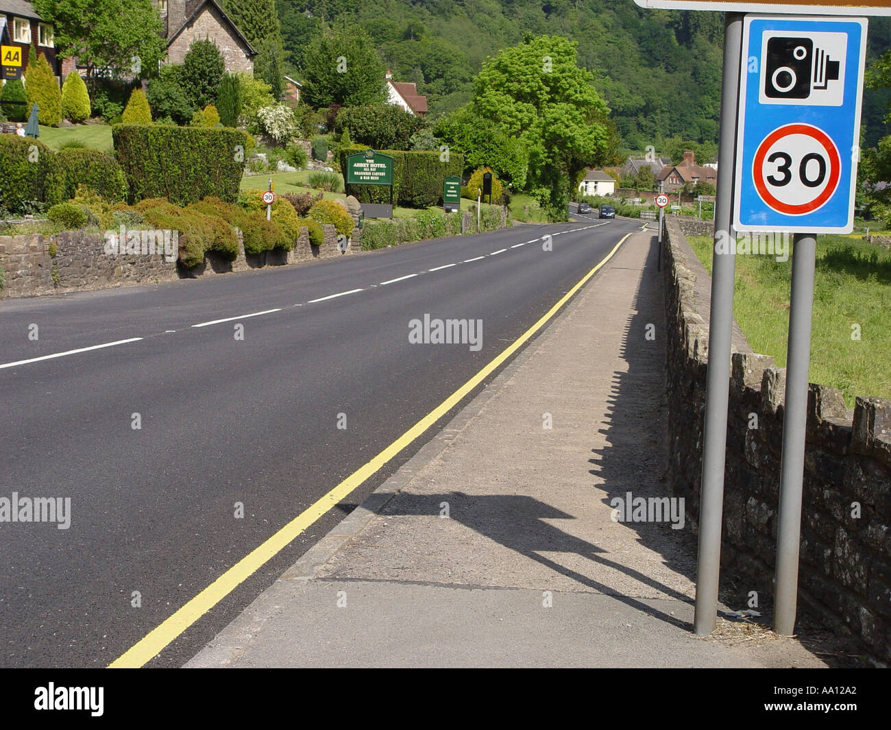 Speed and Safety Camera traffic road sign for 30 mph at Tintern Abbey ...