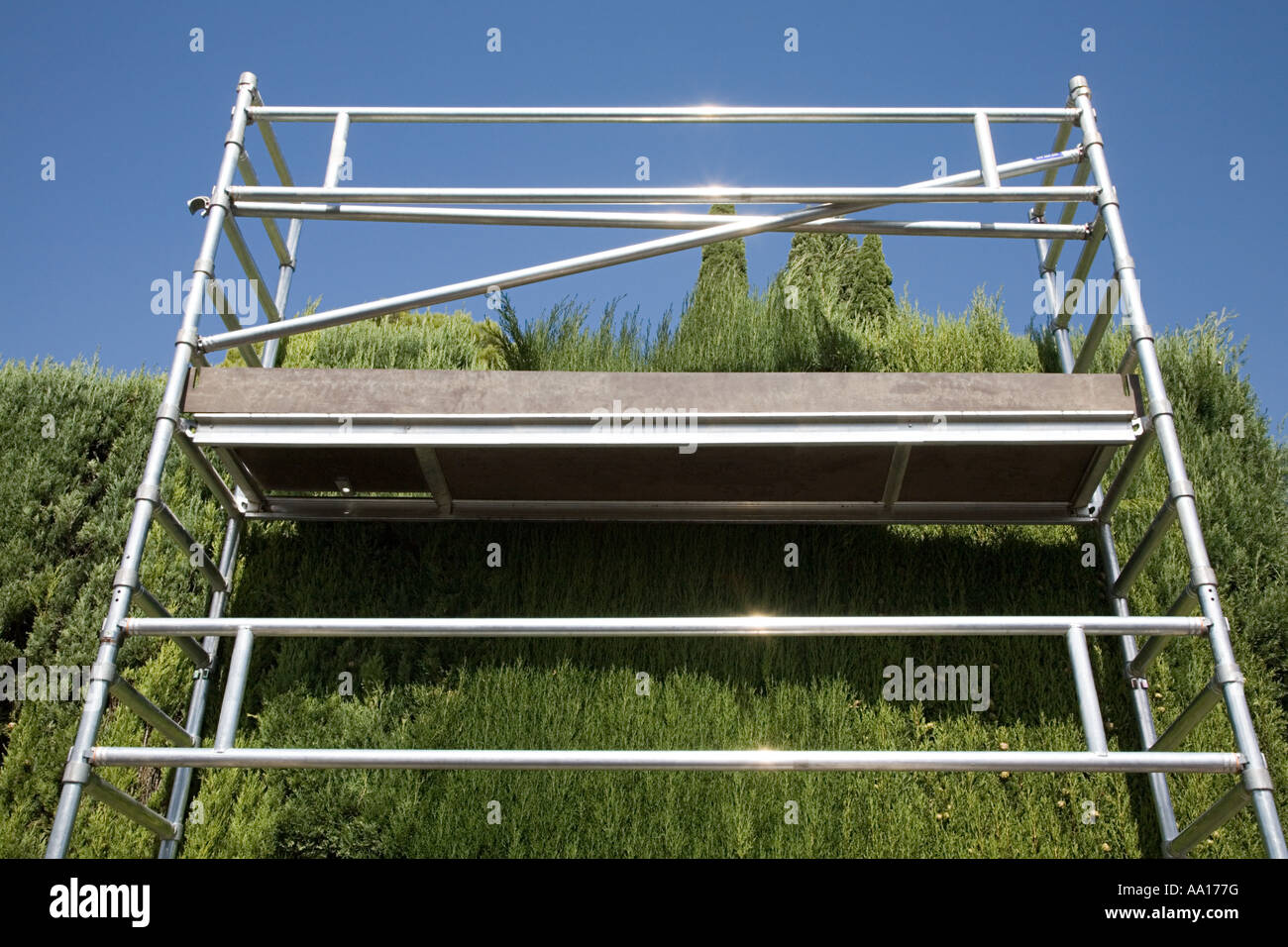 Scaffolding by hedge Stock Photo - Alamy
