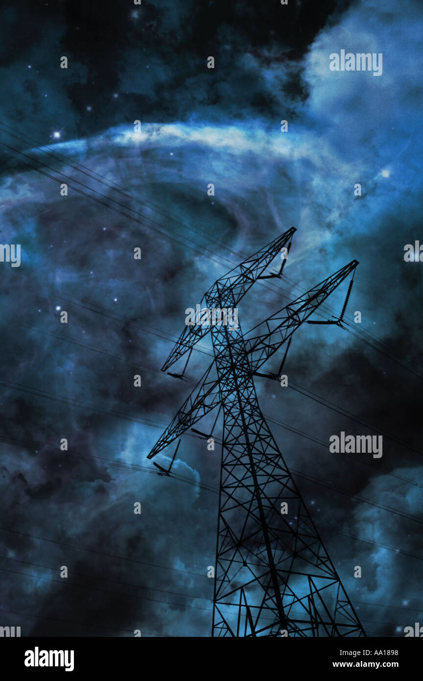 Power lines and tower against cloudy night sky with stars Stock Photo ...