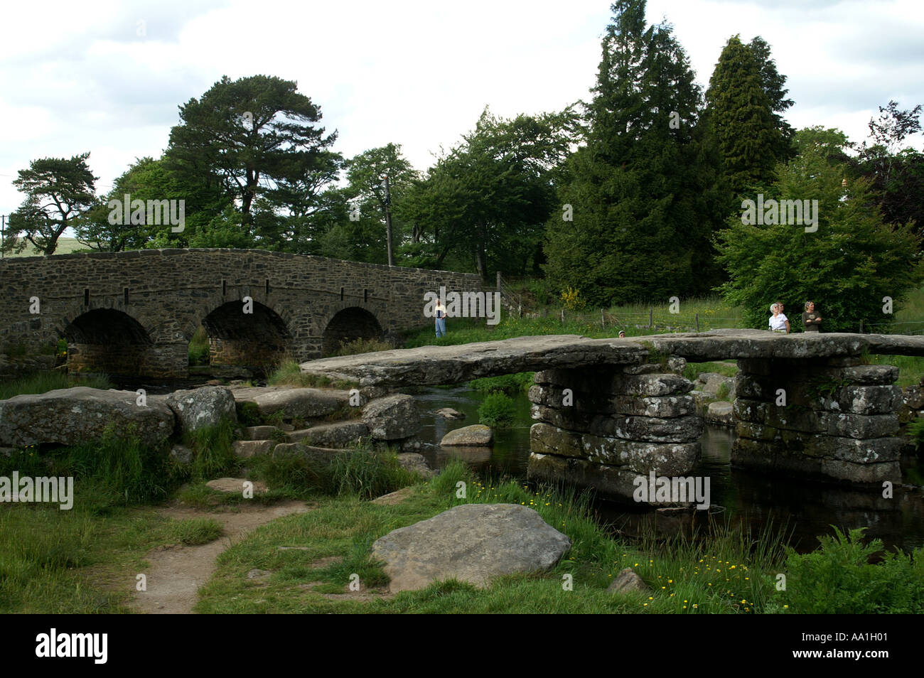 The medieval clapper bridge at Postbridge in Dartmoor National Park ...