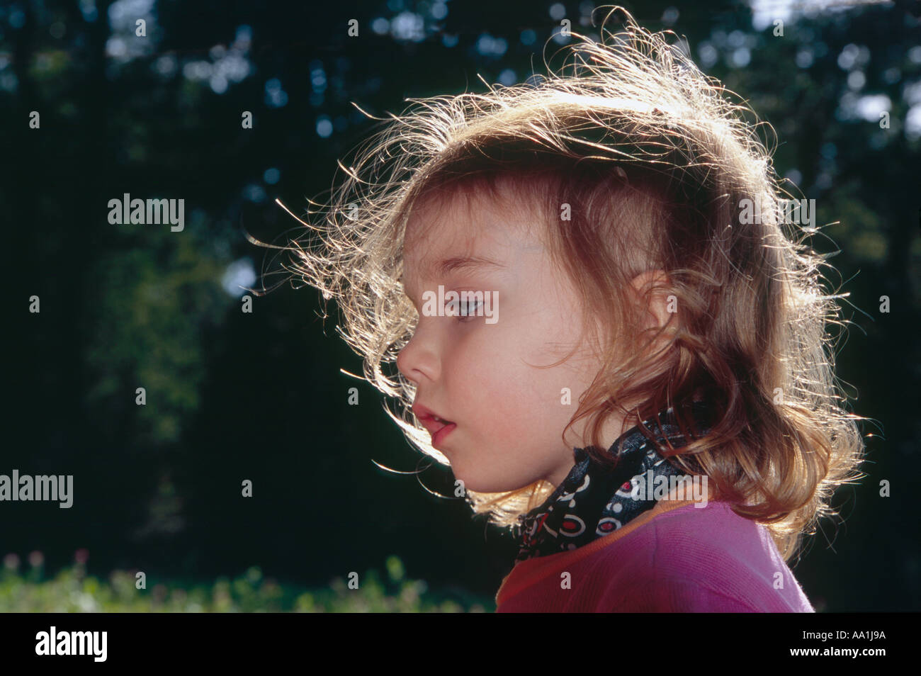 Pretty young girl backlight against dark trees Stock Photo - Alamy