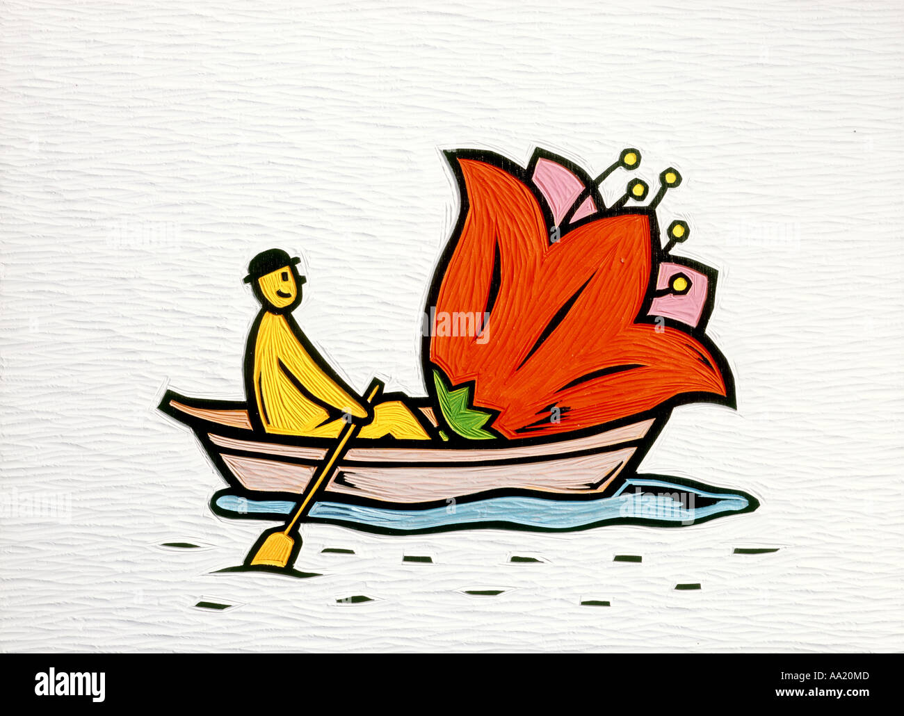 wood engraving illustration of man rowing boat with big flower Stock ...