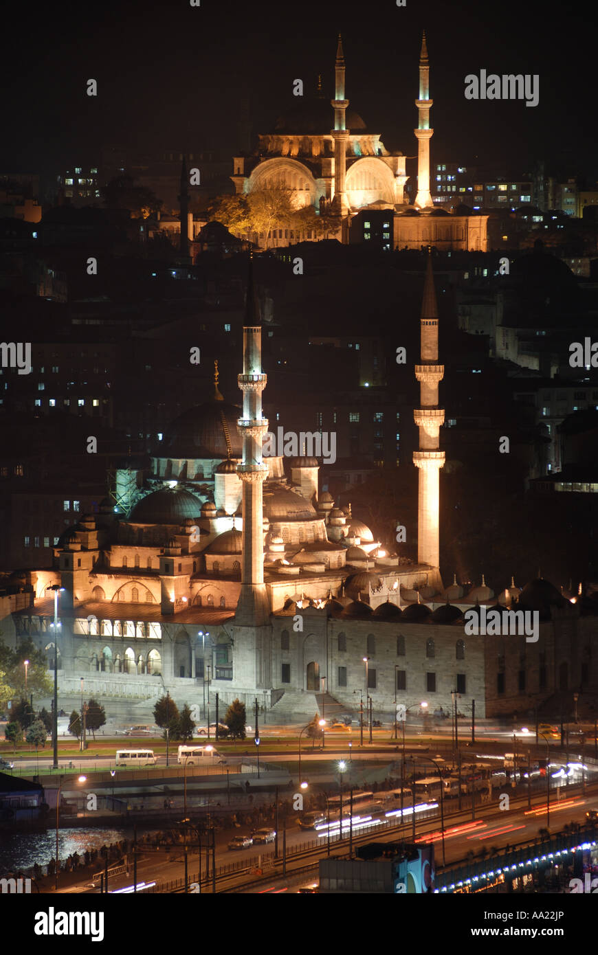 Istanbul by night. View from the roof terrace of Galata Tower. Yeni ...