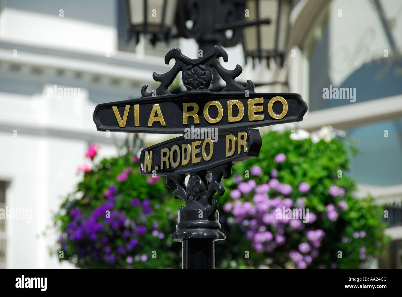 Via Rodeo and N Rodeo Drive road sign Beverly Hills Los Angeles Stock ...