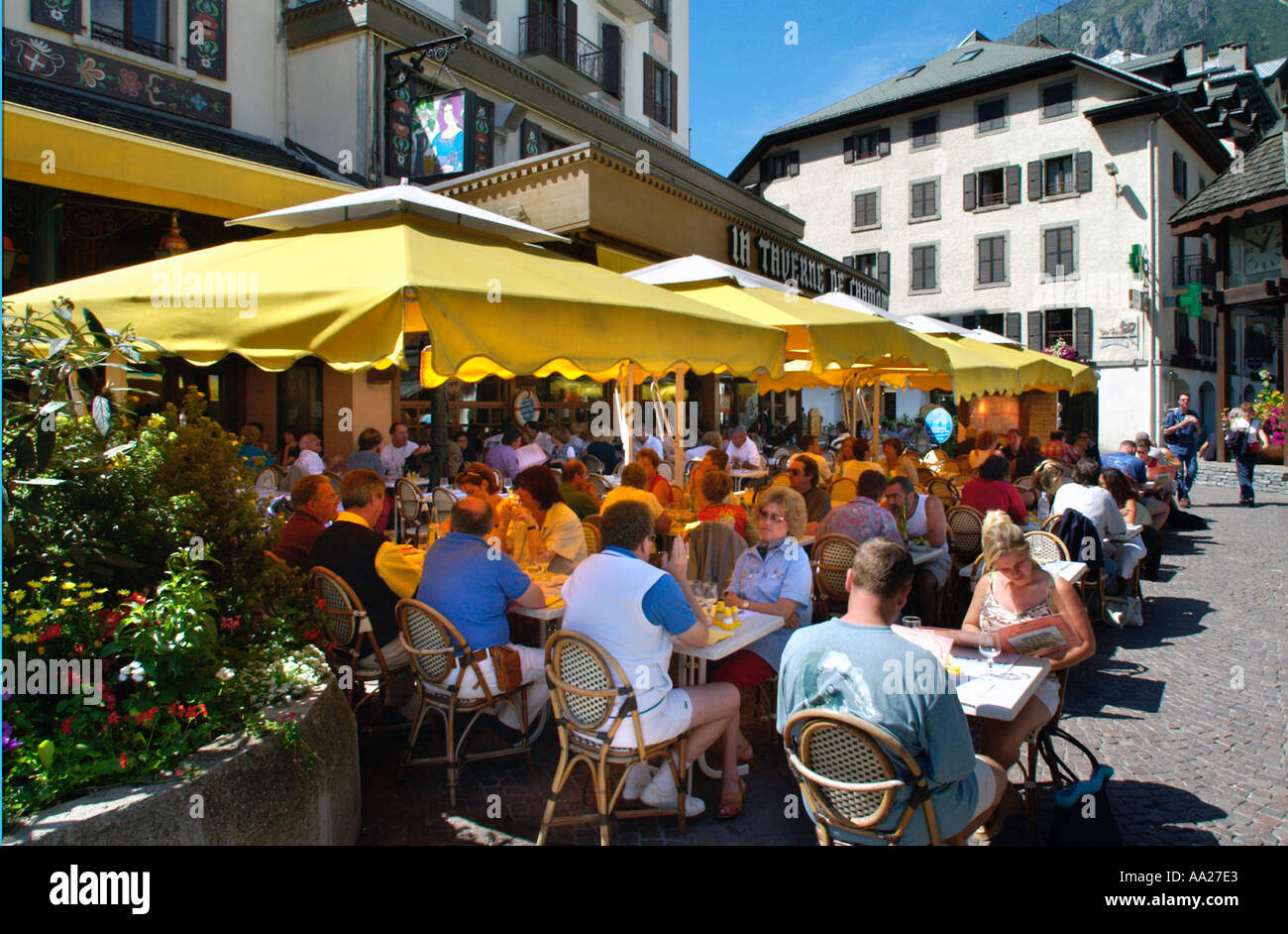Restaurant in the town centre, Chamonix-Mont-Blanc, France Stock Photo ...