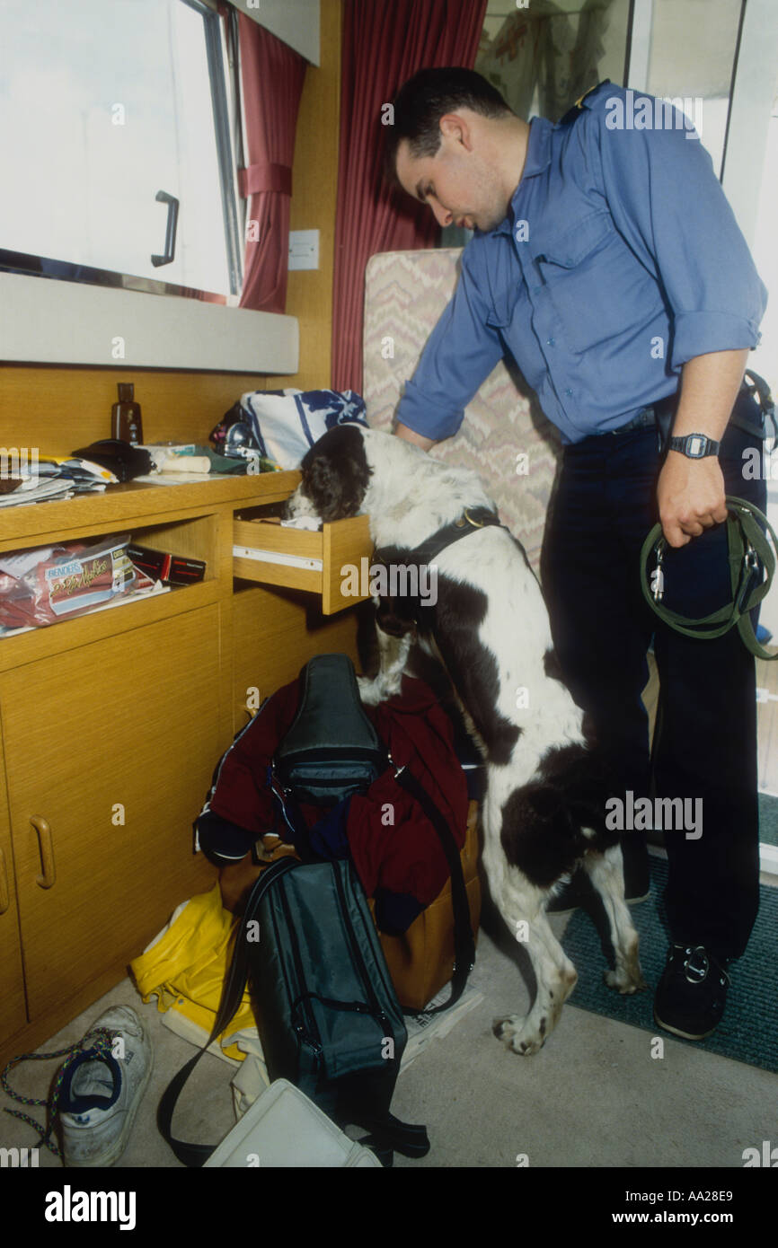 A Customs and Excise officer and a sniffer dog search a motor cruiser ...