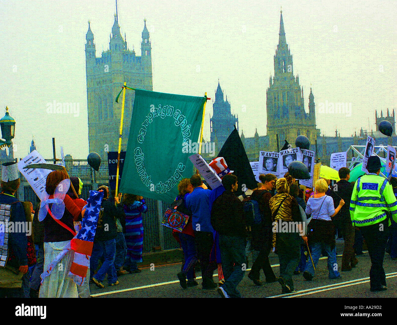 March 2003 Protesters cross Westminster Bridge London Stock Photo - Alamy