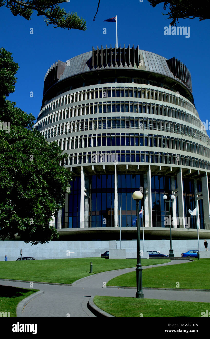 Parliament House (the Beehive), Wellington, North Island. Straight vew ...