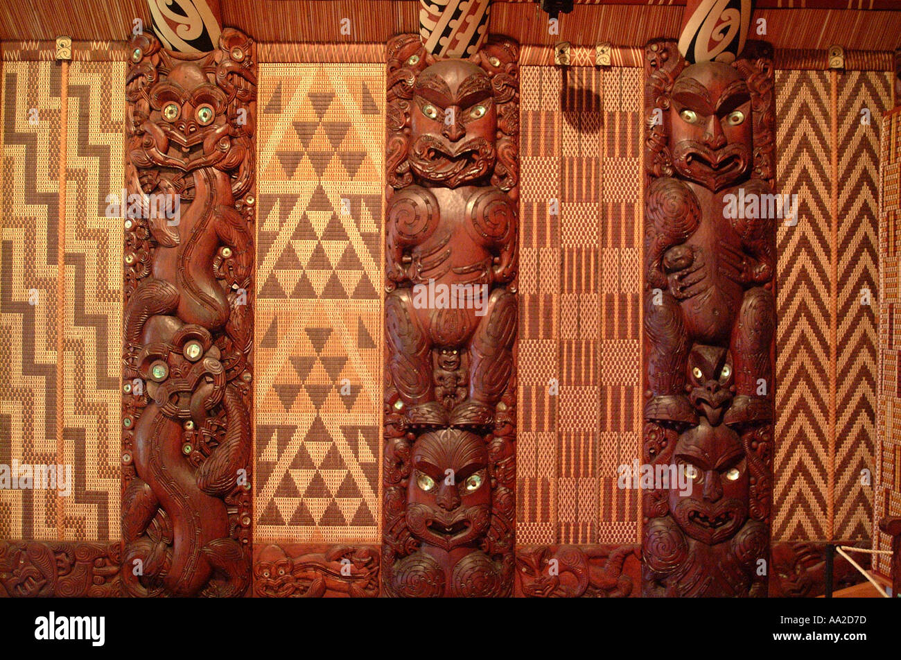 Meeting House, Waitangi, North Island. Interior, Maori detailing Stock ...