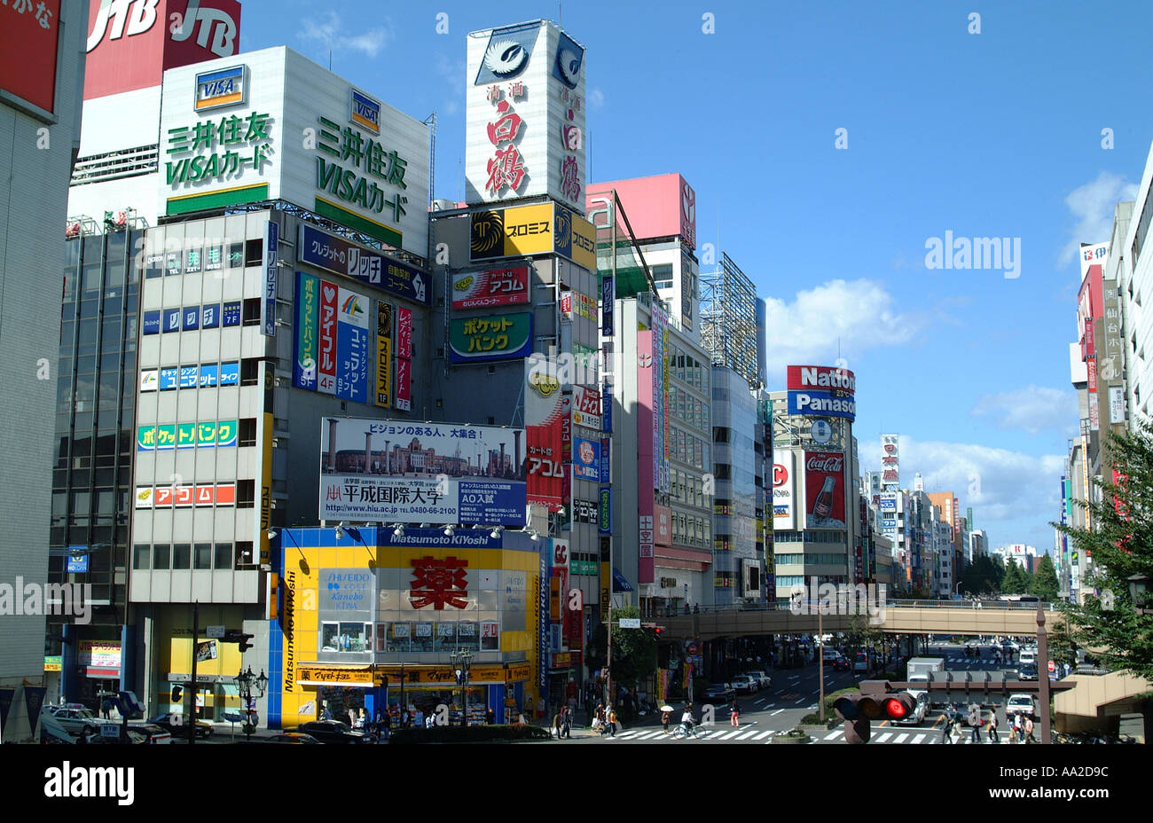 City view, Sendai. Straight view of commercial area, billboards and ...