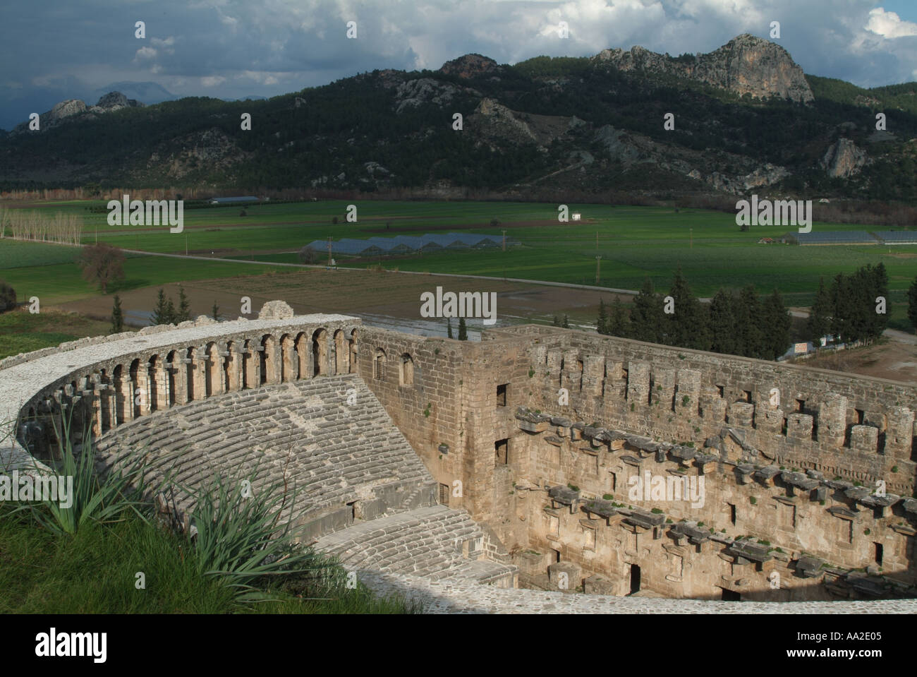 Steps, seating and arches at the Roman Amphitheatre, Aspendos Stock ...