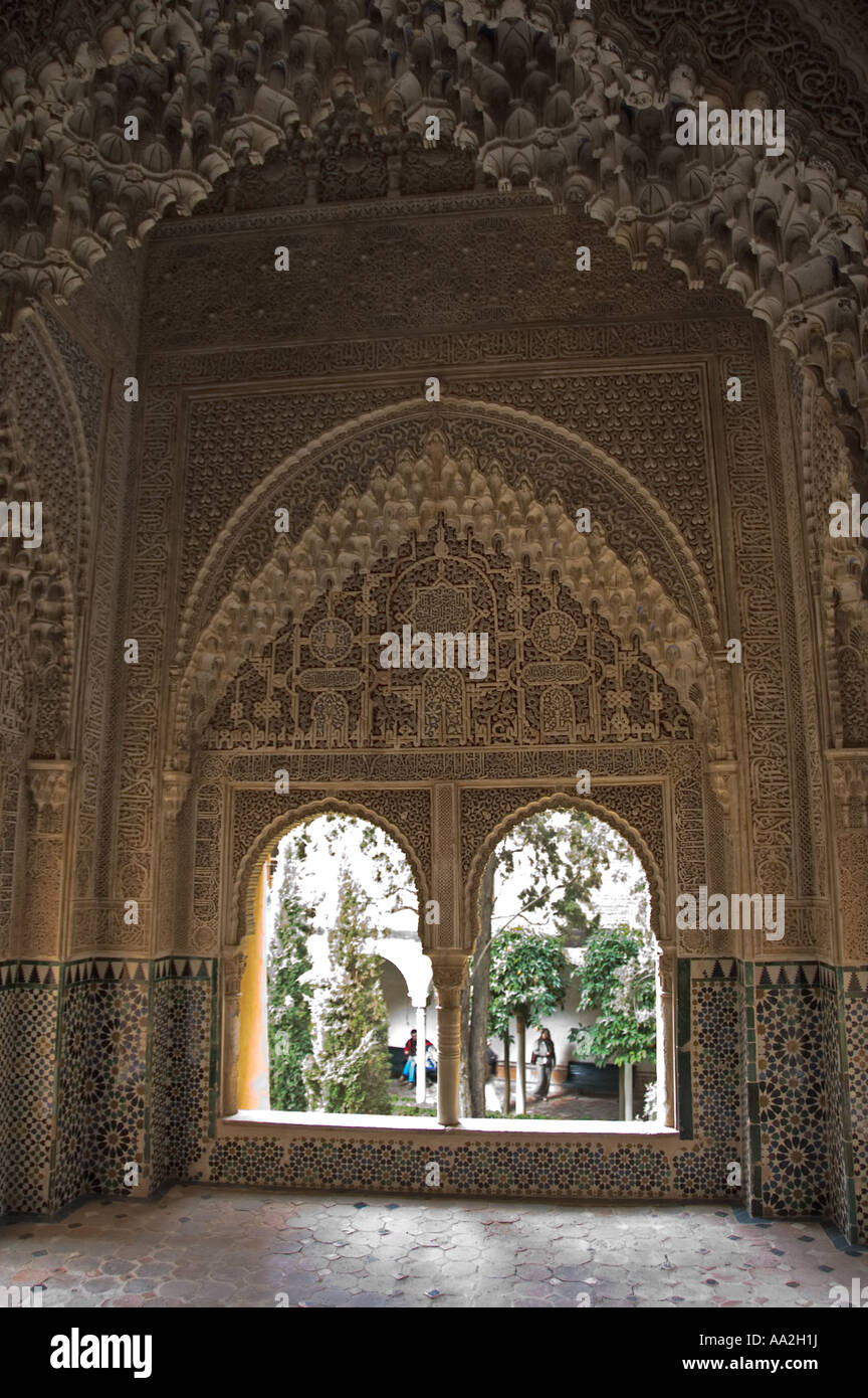 Ornate window and ceiling in the Alhambra Palace, Granada, Spain Stock ...