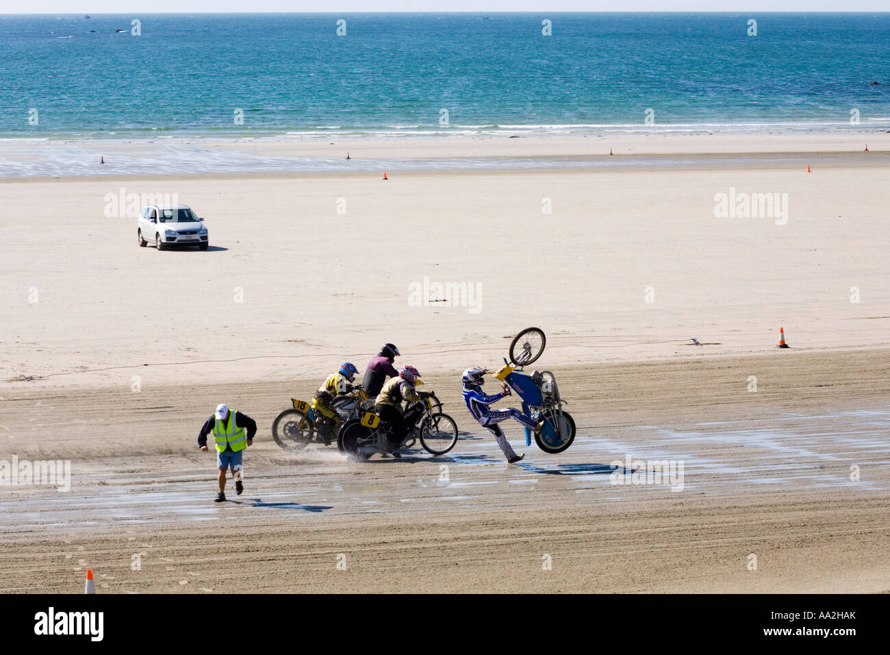 Over enthusiastic acceleration by a speedway bike during sand racing at ...