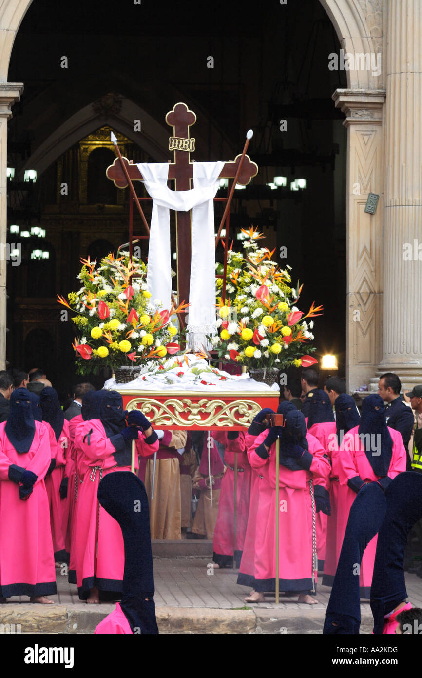 men carrying a religioous litter for a catholic procession, Tunja ...