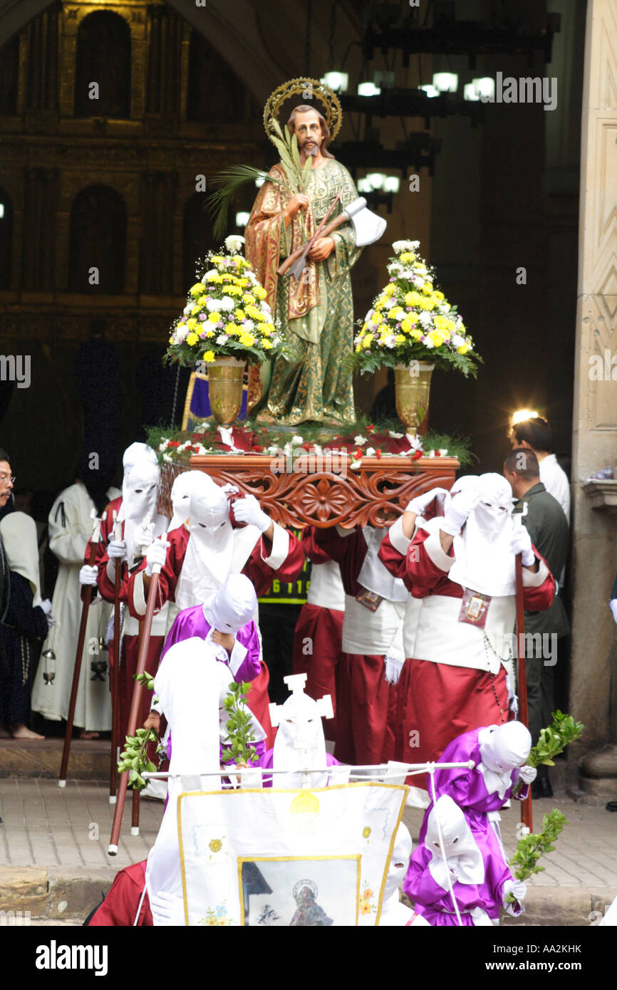 men carrying a religioous litter for a catholic procession, Tunja ...