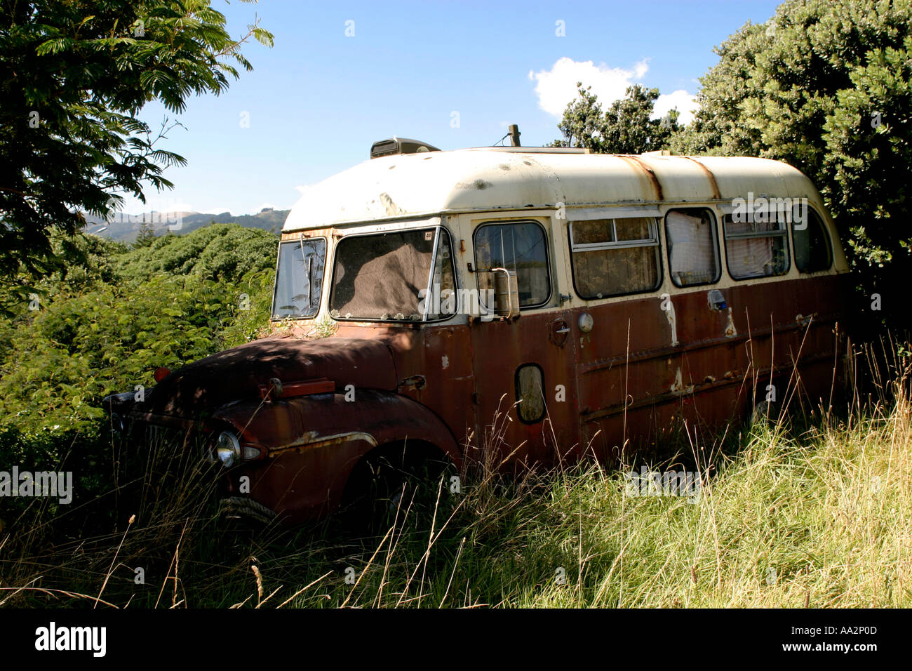 Old bus in field in New Zealand Stock Photo - Alamy