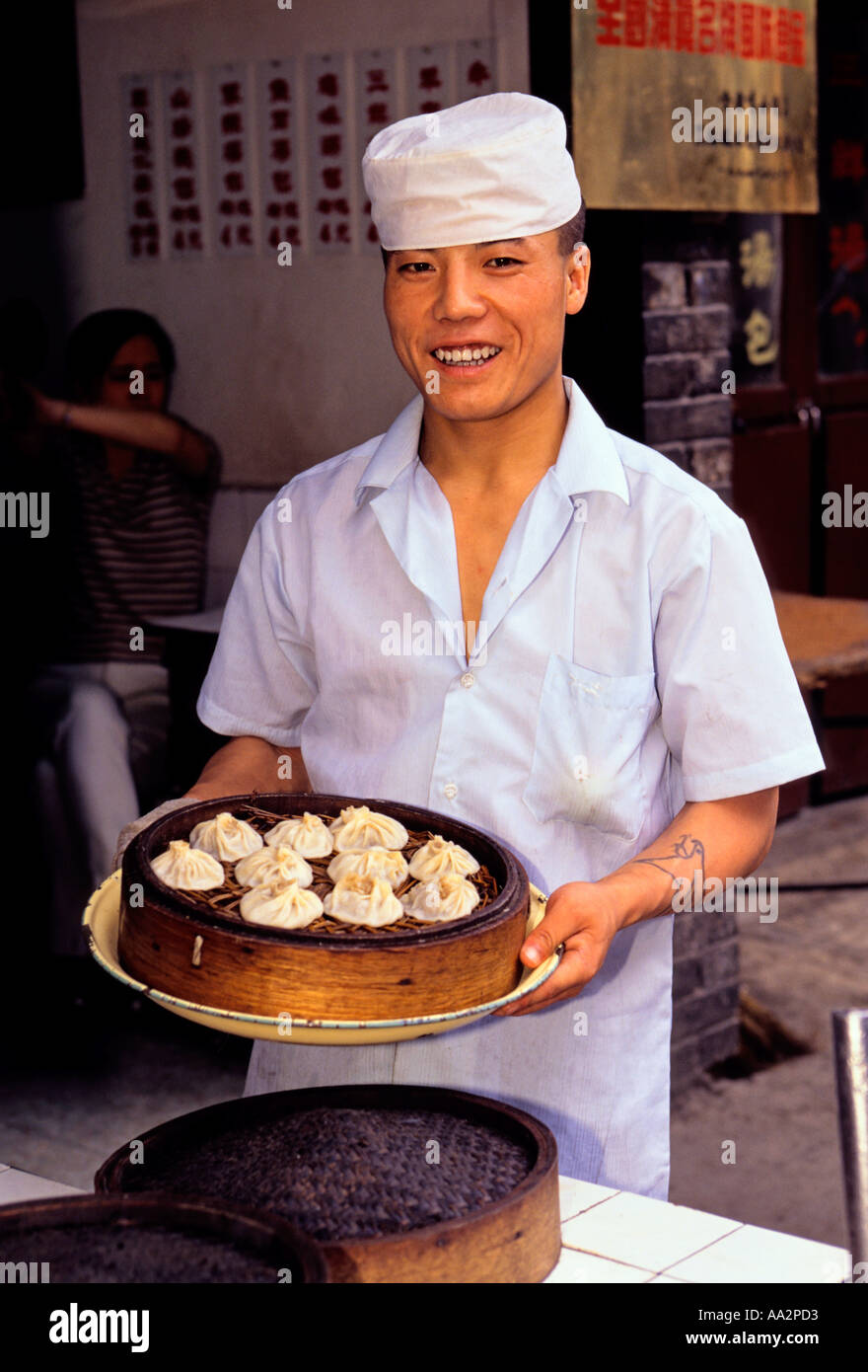 1, one, Chinese man, adult man, food vendor, selling dumplings, pot ...