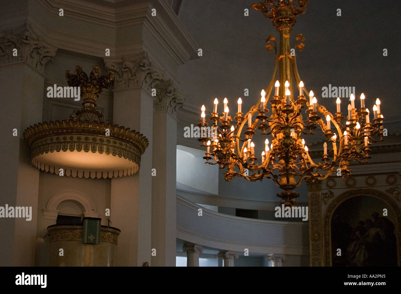 Brass chandelier and circular pulpit Lutheran Cathedral Helsinki ...