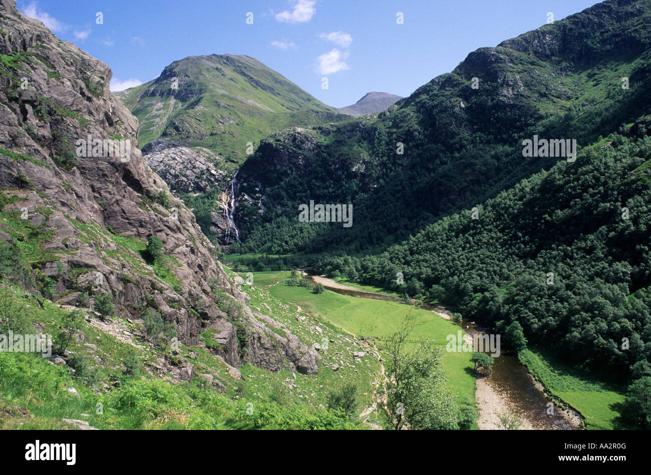 Glen nevis upper reaches of valley styal waterfall highland region hi ...