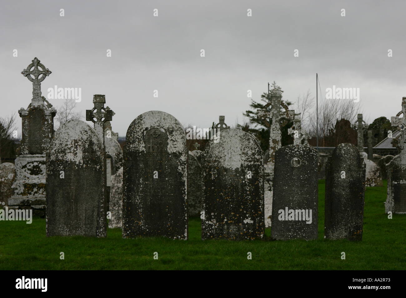 Clonmacnoise - churchyard with highcrosses Stock Photo - Alamy